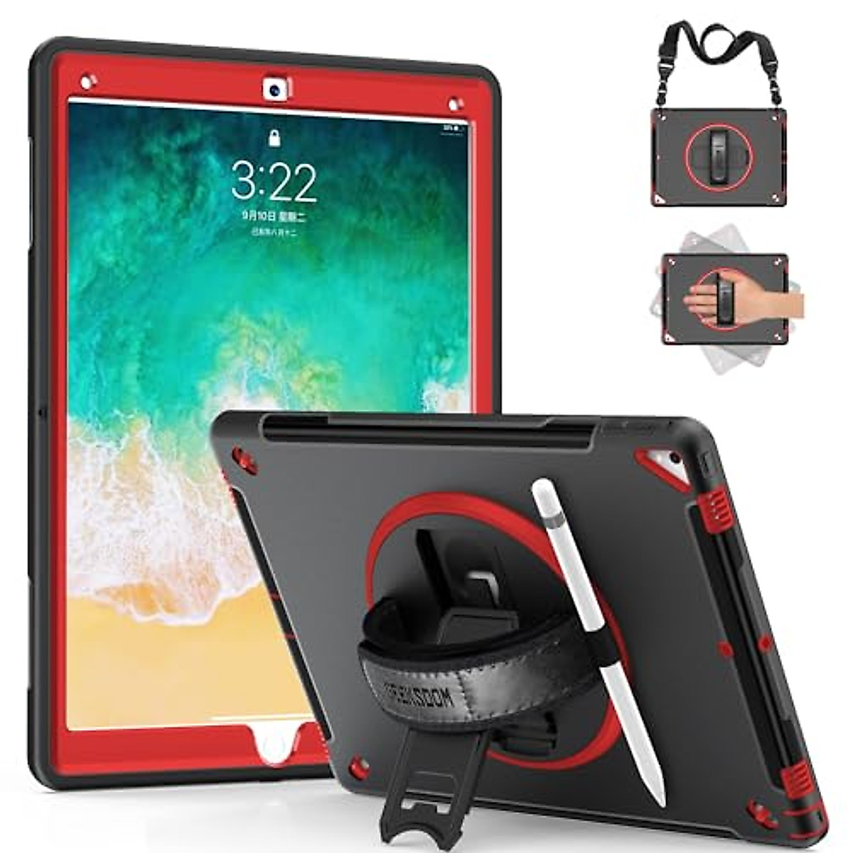 GEEKSDOM iPad Pro 12.9 Case 2nd Generation 2017 & 2015 1st Generation, Heavy Duty Rugged Shockproof Protective Soft TPU Back Cover w/360 Rotating Stand/Handle Hand/Shoulder Strap/Pencil Holder Red