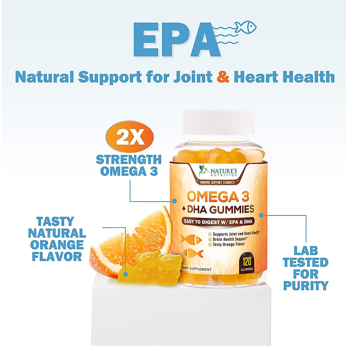 Omega 3 Fish Oil Gummies, Heart Healthy Omega 3 Gummy Supplement with High Absorption DHA & EPA, Extra Strength Joint & Brain Support, Omega 3 Fish Oil Nature's Vitamin, Orange Flavor - 120 Gummies