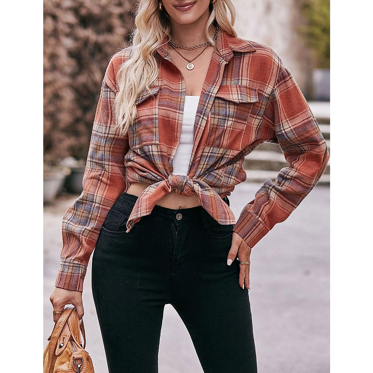 Korebow Women's Lightweight Flannel Plaid Button Down Shirts Oversized Long Sleeve Shacket Jacket Tops(0200-Orange-XL)