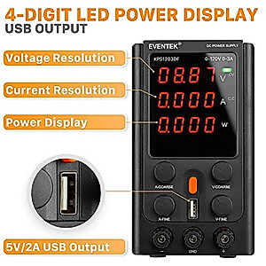 Eventek DC Power Supply Variable, 120V 3A Adjustable Switching Regulated DC Bench Linear Power Supply with 4-Digits LED Power Display 5V2A USB Output, Alligator Leads US Power Cord for Laboratory