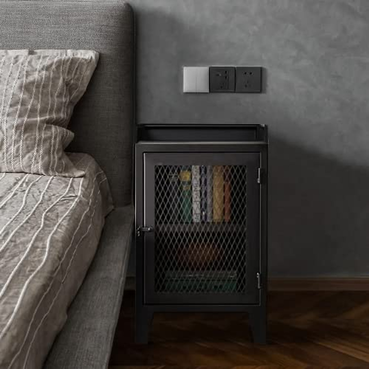 KunMai Industrial Nightstand with Door 2-Tier Bedside Table Metal Frame Nightstand Rustic Black