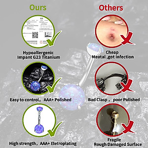 VOJO G23 Titanium Belly Button Rings Cubic Zircon Opal Hypoallergenic Threaded 14G Diamond Navel Body Piercing Jewelry Birthstone for Women (14G 5mm+8mm, Claw Dark Purple Opal)