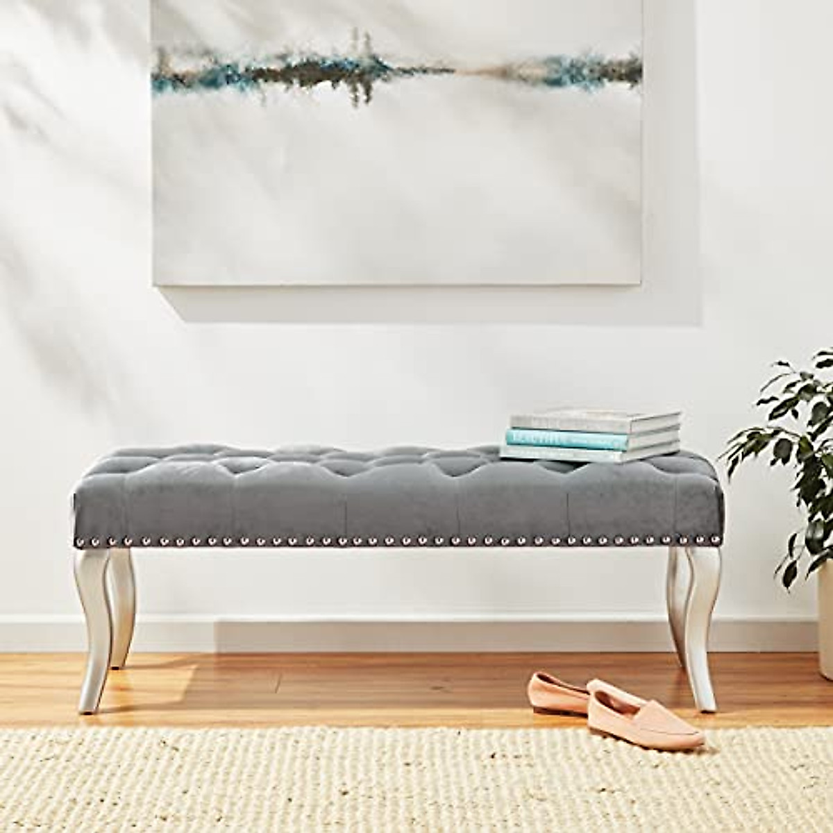 Roundhill Furniture Decor Maxem Tufted Fabric Upholstered Seat with Nailhead Trim Bench, Gray