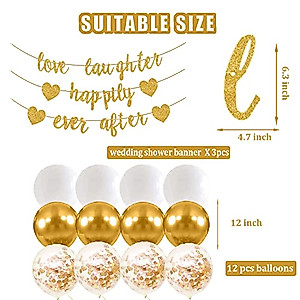 15Pcs Love Laughter and Happily Ever After Banner Gold- Wedding Shower Decorations, Bridal Shower Decorations, Bachelorette, Bridal & Engagement Party Decorations (Pre-Strung Signs)