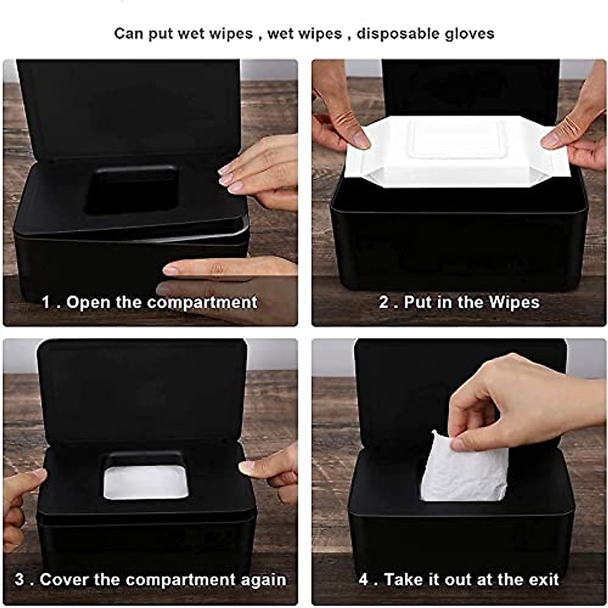 LEFUYAN Wipes Dispenser, Tissue Storage Box Case Wet Wipes Dispenser Holder with Lid for Vanity, Countertops, Desk, Office, Dorm (Black)