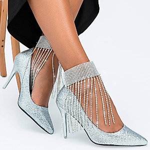 ELABEST Rhinestone Ankle Bracelets Crystal Tassel Anklet 2pcs Glitter Tennis Foot Chain Wedding Jewelry Accessories for Women(Silver)