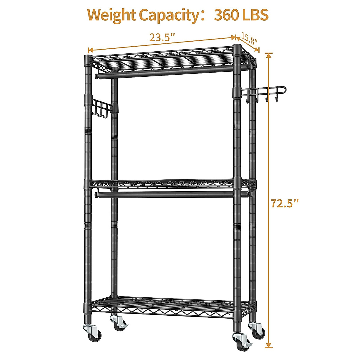 Heavy Duty Clothes Rack Rolling Garment Rack,3 Tier Adjustable Wire Shelving Clothing Racks for Hanging Clothes with Double Rods&Side Hooks,Freestanding Wardrobe Storage Rack Metal Portable Closet