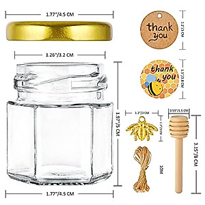GIVAMEIHF 40 pack Mini Glass Honey jars,1.5oz Hexagon Honey Jars with Wooden Dipper,Gold Lid,Pendant,Rope,Mini Honey Jars with Lids,Perfect for Baby Shower,Wedding Favors,Party Favors
