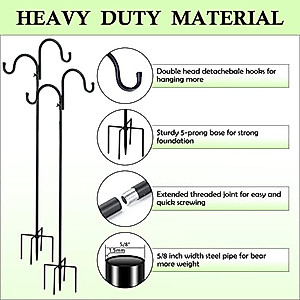 KENNEDICH Double Shepherds Hooks 2 Pack Bird Feeder Holder 63"/47"/32" Adjustable, Heavy Duty Outdoor Hummingbird Feeder Stand Pole Shepherd Hooks for Hanging Plant Baskets,Lanterns,Wedding Decor