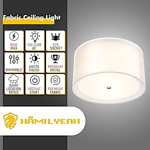 Hamilyeah Modern Drum Ceiling Light Fixture, 12inch Fabric Shade, Flush Mount 2 Bulb, Dimmable, Close to Ceiling, Bathroom Kitchen Bedroom Lighting