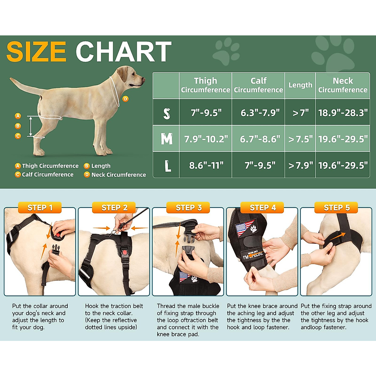 Virbraroo 8X Support Dog Knee Brace with Metal Strips for Joint Pain Relief, Dog Leg Brace for Torn Acl Hind Leg, Rear Leg Brace with Adjustable Traction Belt for Cruciate Ligament Injury (M)