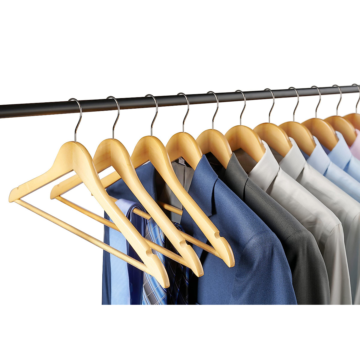 Solid Wood Suit Hangers - 20 Pack - with Non Slip Bar and Precisely Cut Notches - 360 Degree Swivel Chrome Hook - Natural Finish Super Sturdy and Durable Wooden Hangers