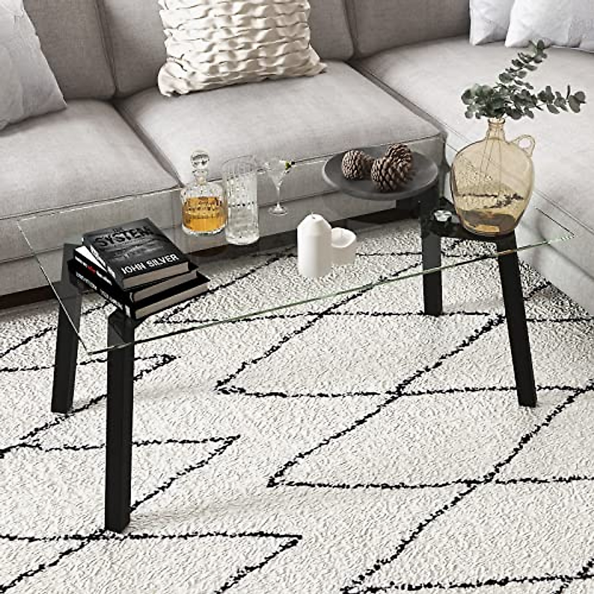 Tangkula Tempered Glass Coffee Table, Rectangular Center Table with Heavy Duty Metal Frame, Modern Minimalist Cocktail Table, Clear Tea Table for Living Room Reception Office, 44 x 24 x 18 Inch