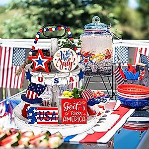 10 Pcs 4th of July Tiered Tray Decor Set Patriotic Tiered Tray Decor American Star Wood Signs Rustic Farmhouse Decor Red White Blue Signs Independence Day Decoration for Home Shelf (Fresh Style)
