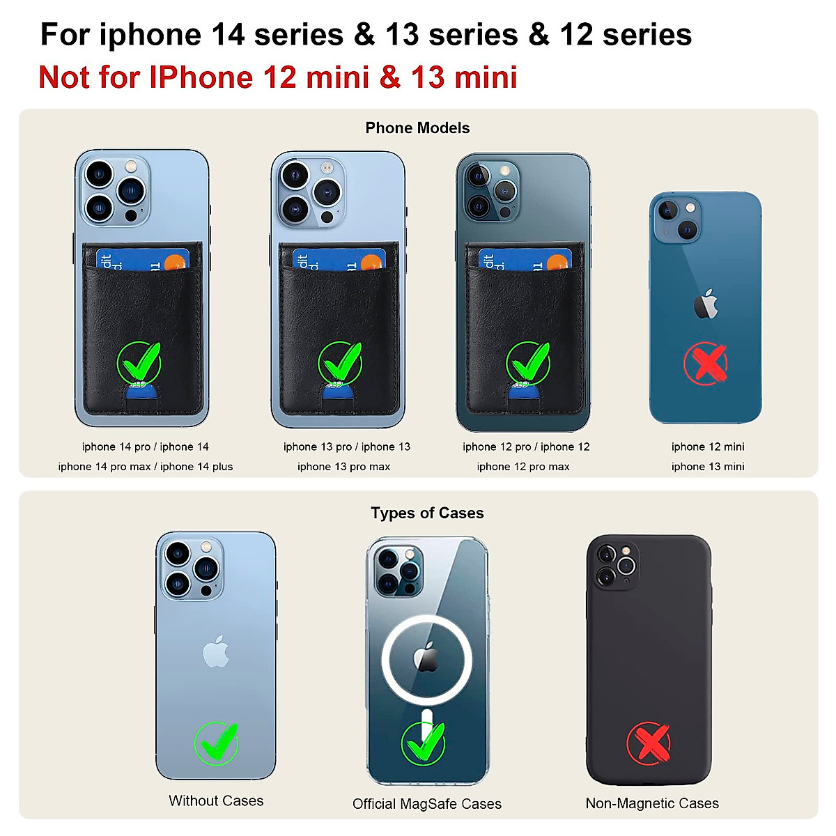 KIHUWEY for MagSafe Wallet Card Holder with Magnetic, Mag Safe Leather Detachable Kickstand RFID Wallet for iPhone 16/15/14/13/12 Pro Max Plus Not for iPhone 13/12 Mini (Black)