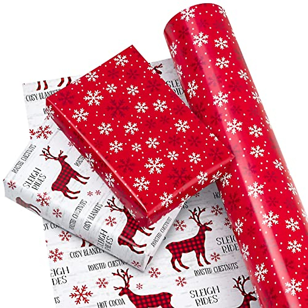 WRAPAHOLIC Jumbo Reversible Christmas Wrapping Paper - 30 Inch X 100 Feet Jumbo Roll Red White Snowflakes and Reindeer Design
