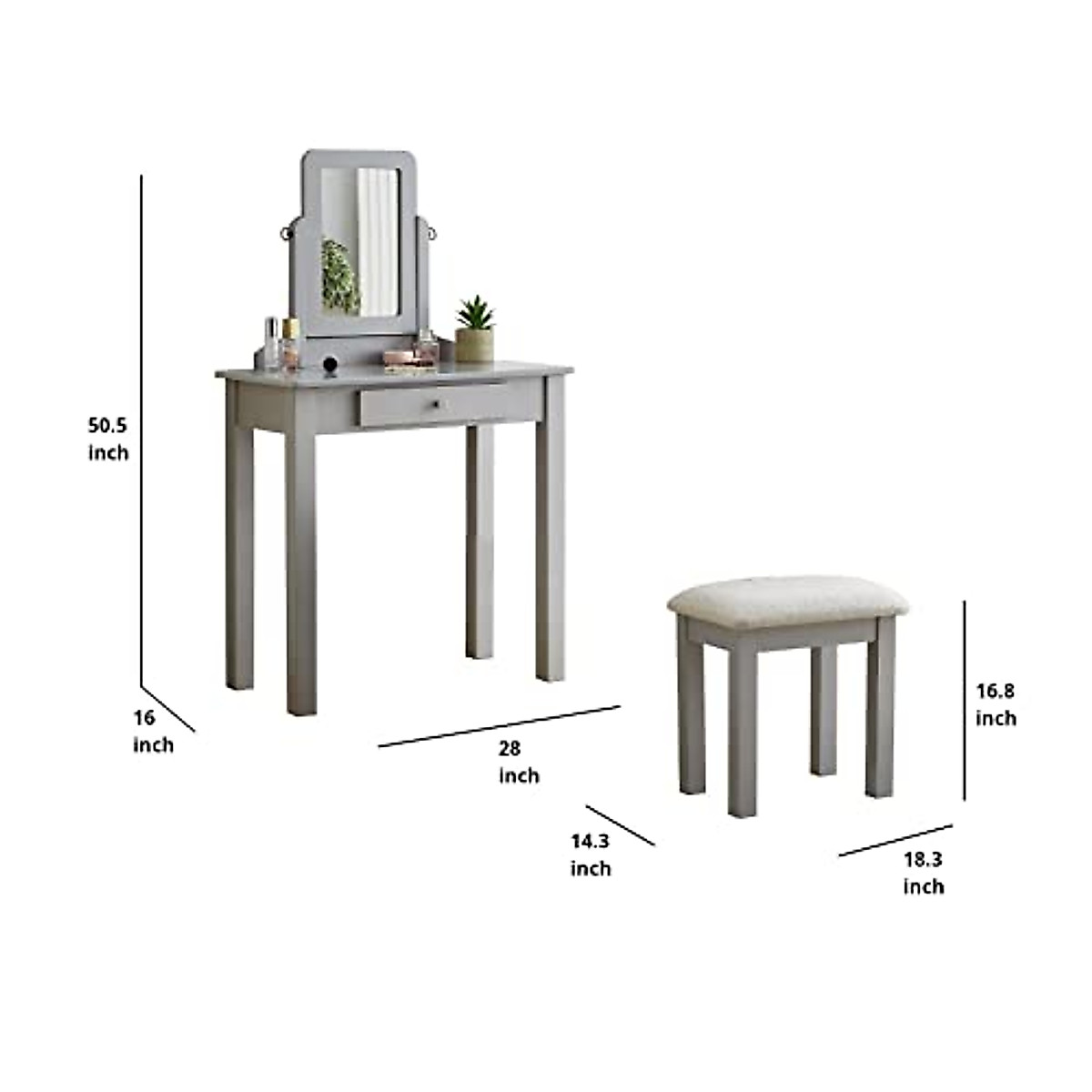GTU Furniture Transitional Vanity Set with Mirror Stool (Silver)