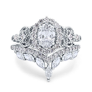 Blue Apple Co. Simulated Cubic Zirconia Size-7 Marquise Art Deco Wedding Engagement Bridal Two Piece Ring Band Oval Accent Vintage Round CZ 925 Sterling Silver