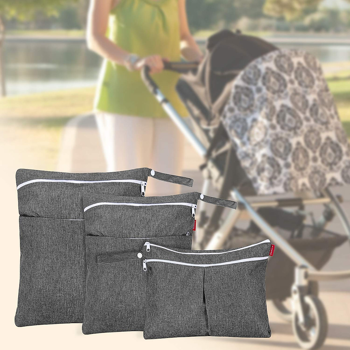 Damero 3Pcs Wet Dry Bags for Baby Cloth Diaper, Washable Diaper Wet Bag with Handle for Pumping Parts, Travel, Swimsuits, Gray