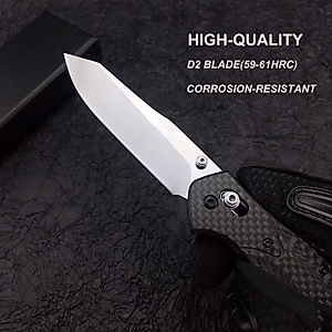 HUAAO 7.7in EDC Pocket Knife, 3.6in Reverse Tanto Blade with Thumb Stud, Plain Edge D2 Steel, Black Carbon Fiber Handle with Belt Clip Axis Lock Mechanism for Outdoor Camping