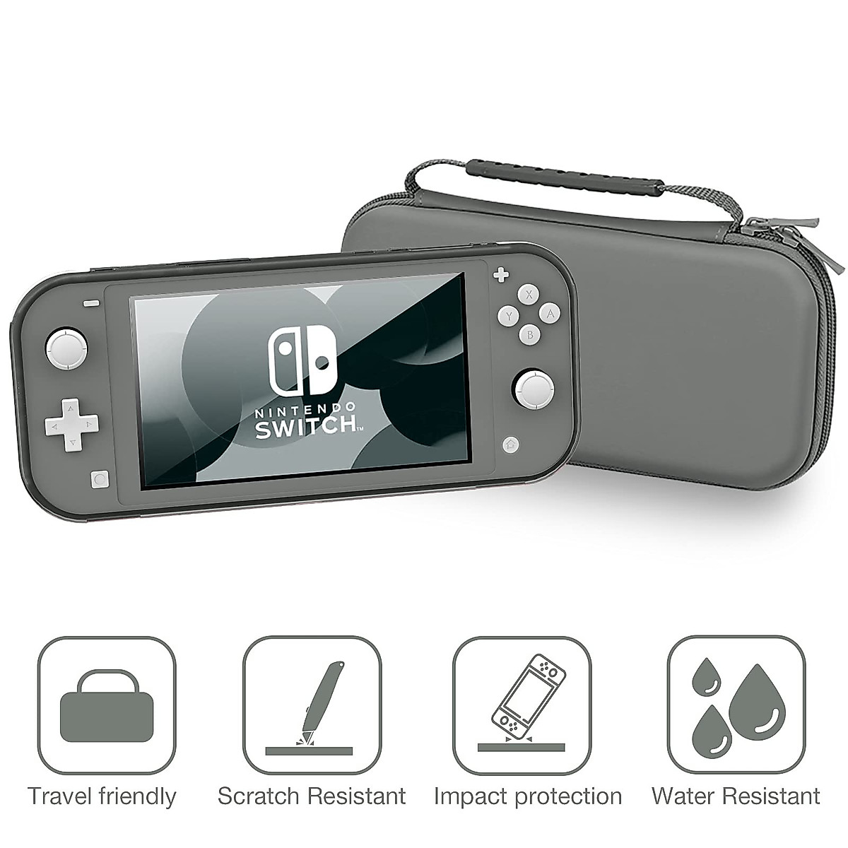 HEYSTOP Compatible with Switch Lite Carrying Case, Switch Lite Case with Soft TPU Protective Case Games Card 6 Thumb Grip Caps for Nintendo Switch Lite Accessories Kit(Grey)