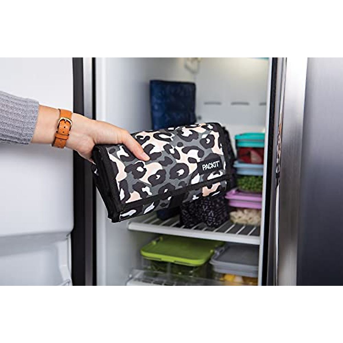 PackIt Freezable Lunch Bag, Wild Leopard Gray, Built with EcoFreeze Technology, Foldable, Reusable, Zip and Velcro Closure with Buckle Handle, Perfect for Lunches