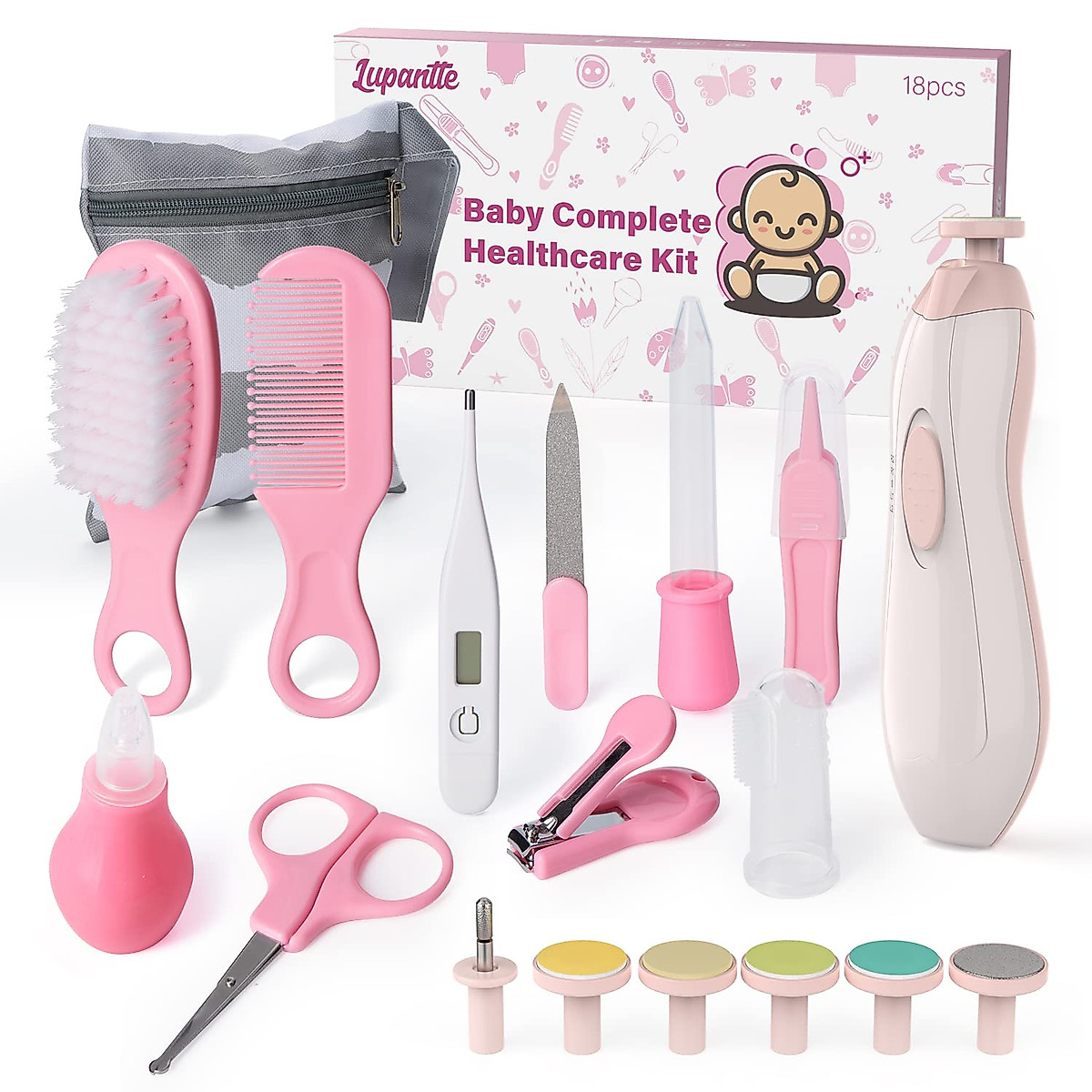 Baby Healthcare and Grooming Kit 18 in 1 Baby Electric Nail Trimmer Set Lupantte Nursery Care Kit, Toddler Nail Clippers, Medicine Dispenser, Infant Comb, Brush, etc. Baby Registry Gift