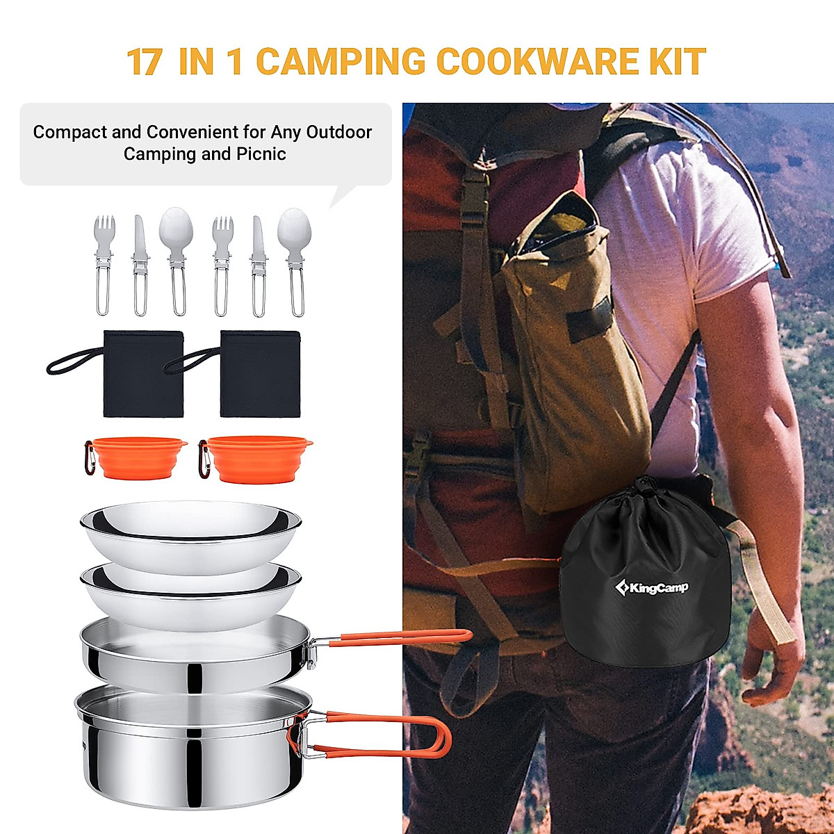 KingCamp 17/25pcs Stainless Steel Camping Cookware Mess Kit Camping Cooking Set Backpacking Gear Lightweight Pots and Pans Set with Folding Knife Fork for Camping Hiking Picnic