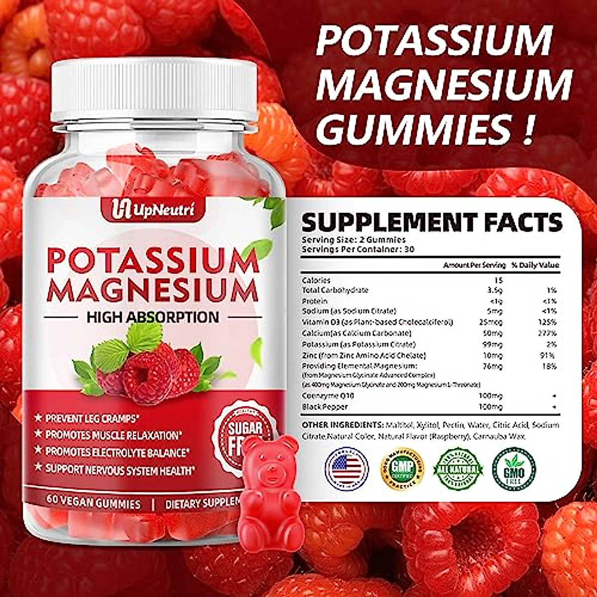 Potassium Magnesium Supplement Gummies for Adults Kids, Sugar-Free Potassium Citrate Gummies Supports Leg Cramps & Muscle & Heart Health, Vegan Magnesium Glycinate Gummies Raspberry Flavor 60 Cts