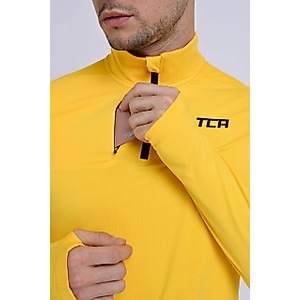 TCA Men's Fusion Pro Quickdry Long Sleeve Half Zip Running Shirt – Athletic Workout Pullover with Pocket & Thumb Holes- Spectra Yellow, Large