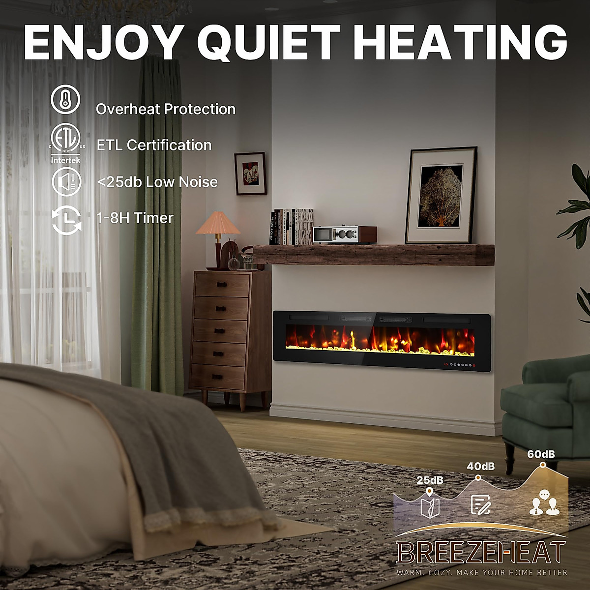 72" Ultra Thin Electric Fireplace, Wall Mounted & Freestanding, LED Fireplace Insert, Wall Fireplace for Living Room/Bedroom w/Touch Screen, Remote Control, 750W/1500W, Quiet, 8H Timer