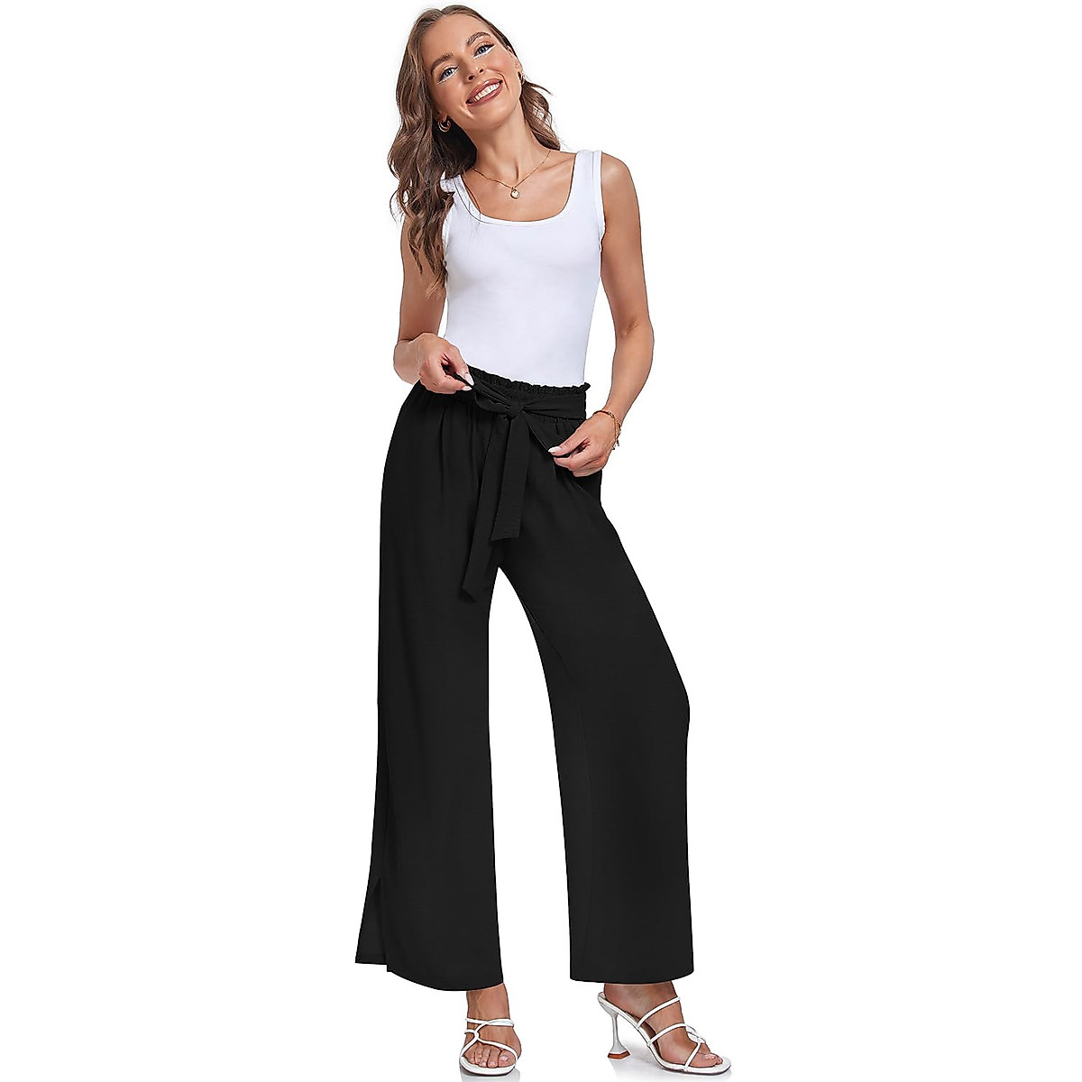 UEU Womens 2023 Wide Leg Dress Pants Lightweight High Waisted Adjustable Tie Knot Loose Casual Pants (Black, XL)