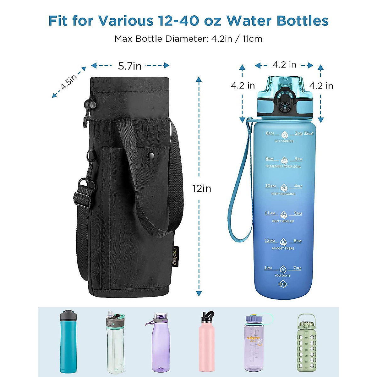 EasyAcc Water Bottle Holder Bag Strap Carrier,for 12/25/32/40 oz Universal Water Bottles[With Handle/Crossbody/Front Pockets] Water Bottle Accessories for Walking Hiking Camping Travel