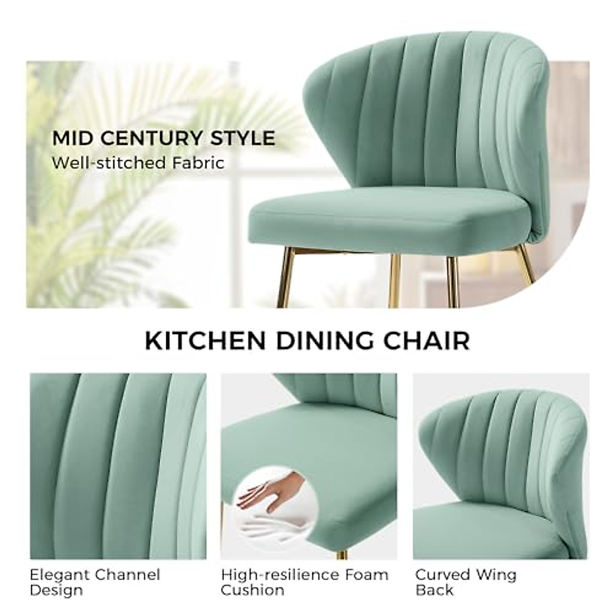 HULALA HOME Velvet Dining Chairs, Modern Small Armless Accent Chair with Gold Metal Legs, Living Room Upholstered Cute Side Chair, Elegant Tufted Back Vanity Chair for Bedroom/Beauty Room-SAGE