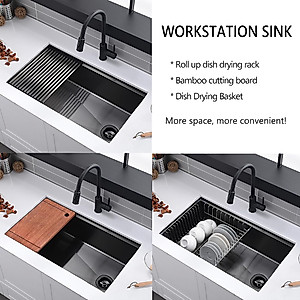 32 Undermount Black Stainless Steel Kitchen Sink Workstation, Gabhar 32×19 Inches 16Gauge Gunmetal Black Stainless Steel Undermount Worksation Kitchen Sinks With Offset Drain