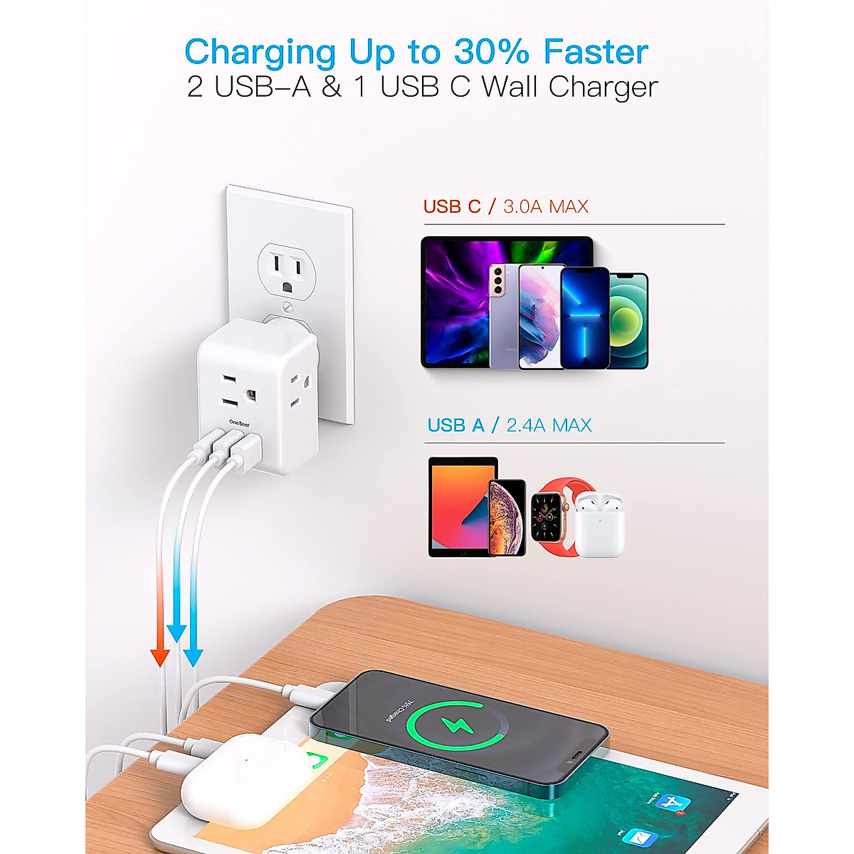 Multi Plug Outlet Extender, Power Strip Non Surge Protector Electric Outlet Splitter with 3 USB Wall Charger (1 USB C), Multiple Outlet Expander for Cruise, Dorm, Travel, Home, Office