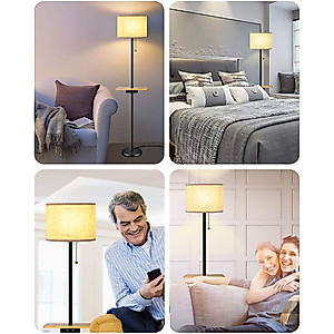 lifeholder Floor Lamp, Modern Floor Lamp with Dual USB Ports & Rectangle Tray Table, LED Floor Lamp with Line Fabric Shade & Pull Chain, Idea for Bedroom, Living Room or Office
