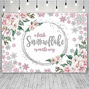 AIBIIN 7x5ft Winter Baby Shower Backdrop for Girl A Little Snowflake is On The Way Baby Shower Decorations Pink Silver Snowflakes Photography Background Banner Photo Props