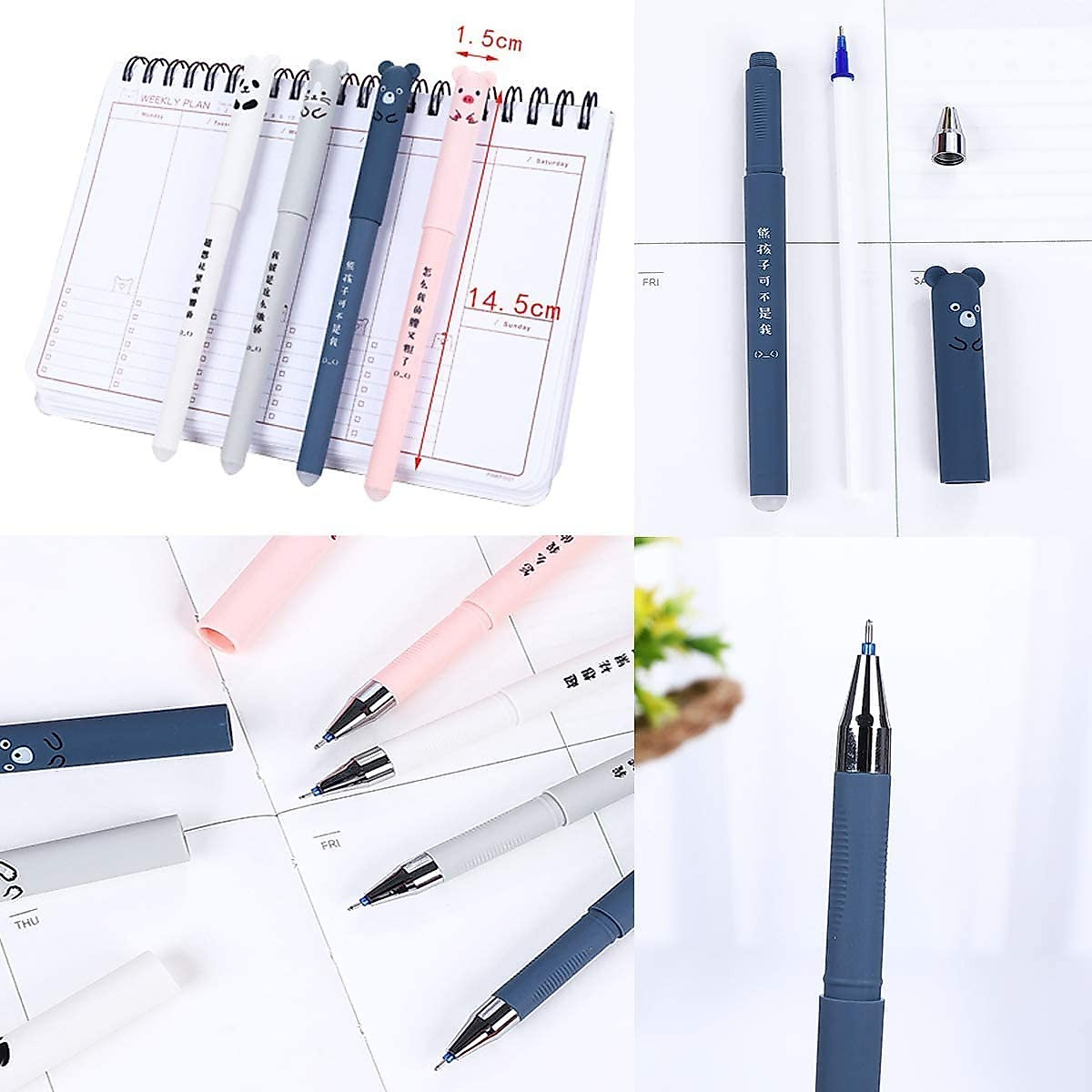 Jinja Brands 12 Pcs Erasable Pens Cute Animal Writing Gel Ink Pen Cartoon Cat Pig Bear Panda 0.4mm Black Ink Ballpoint Rollerball Pens for Student Gift Stationery Office Supplies Friction Erasable