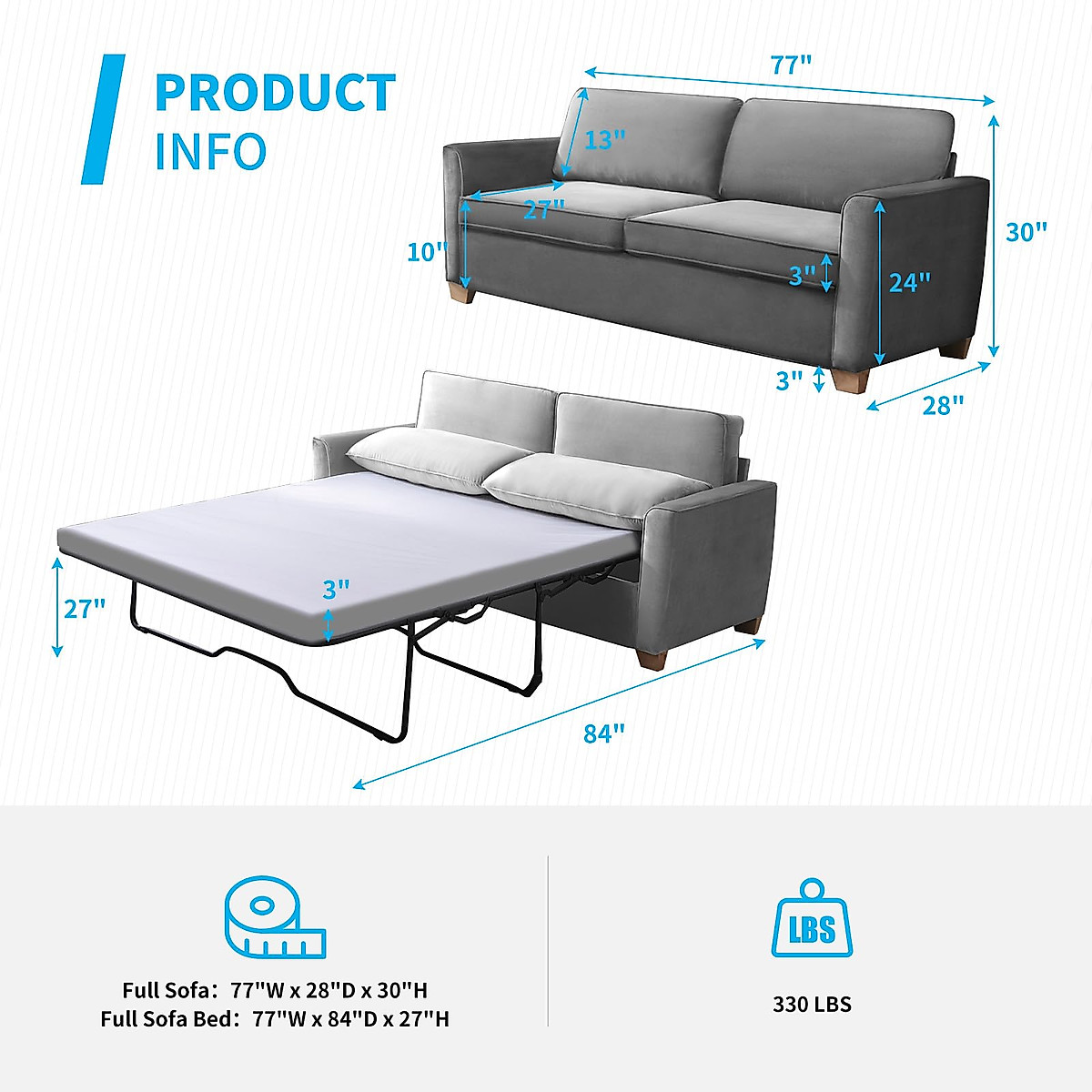Mjkone 77" W Pull Out Sofa Bed, 2-in-1 Queen Size Loveseat Sleeper Sofa Bed with Mattress, Convertible Velvet Futon Folding Sleeper Couch Bed for Living Room, Apartment (Light Grey, Queen)