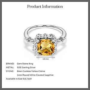 Gem Stone King 925 Sterling Silver 8MM Cushion Gemstone Birthstone and White Created Sapphire Engagement Ring | Wedding Engagement Anniversary Promise Ring For Women