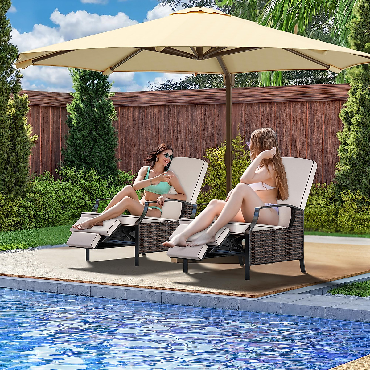 YITAHOME Patio Outdoor Recliner Chairs Set of 2 Adjustable Wicker Reclining Lounge Chairs, Dual-use Rattan Lounge Chairs with Soft Thick Cushions, Extended Footrest, Flip Back (Brown + Beige)