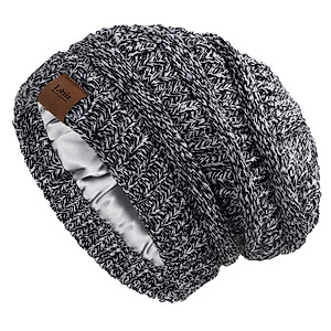 Womens Satin Lined Winter Cable Knit Beanie for Men Silk Lining Thick Chunky Cap Soft Slouchy Warm Hat (Mix Black)