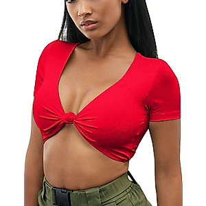 Mizoci Women's Sexy Knot Front Crop Top Deep V Neck Short Sleeve Basic Casual T Shirt,Medium,Red