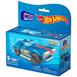 MEGA Hot Wheels Building Toy Race Car Playset, 64 Corvette Grand Sport with 88 Pieces, 1 Micro Action Figure Driver, Blue, Kids Age 5+ Years
