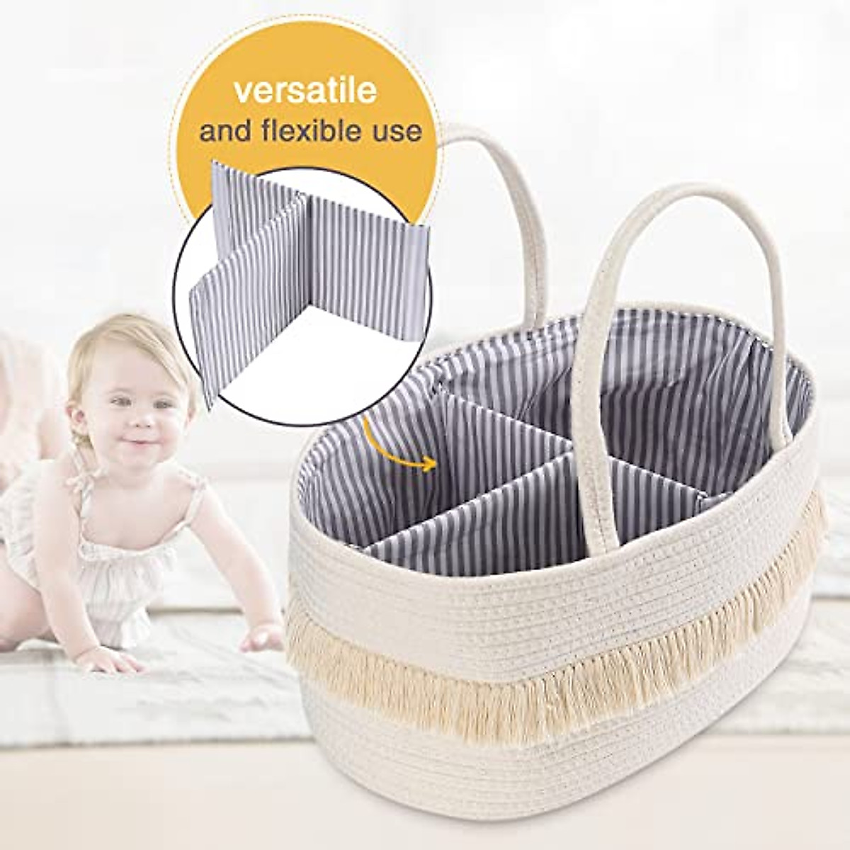 MBJERRY Baby Rope Diaper Caddy Organizer - Nursery Storage Bin Canvas Portable Diaper Storage Basket with Removable Inserts for Changing Table &Car, Newborn Baby Shower Basket