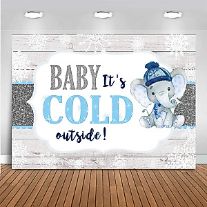 Mocsicka Baby It's Cold Outside Backdrop Rustic Floor Boy Girl Elephant Baby Shower Photography Background Winter White Snowflake Princess Newborn Cake Table Decoration Photo Booth (5x3ft)