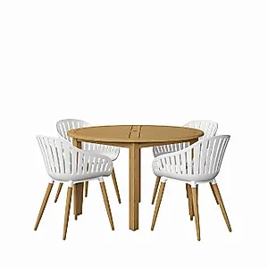 Urban Elements Nature 5-Piece Wood Patio Furniture Set | Teak Finish 100% FSC Eucalyptus | Backyard, Outside Table and Chairs, Round Outdoor Dining Set for 4, Patio Dining Set for 4 (White)