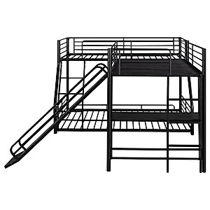 GINGVAT Twin Over Full BunkBed with LoftBed,L-Shaped Triple Bunk Bed with Slide,Built-in Desk for Kids,No Spring Box Required,Black