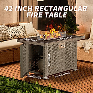 Essential Lounger 42 Inch Fire Pit Table, 50,000 BTU Rectangle Propane Gas Fire Pit, Outdoor Fire Pit Dining Table with Lid,Glass Wind Guard,Waterproof Cover,Lava Rocks - Steel